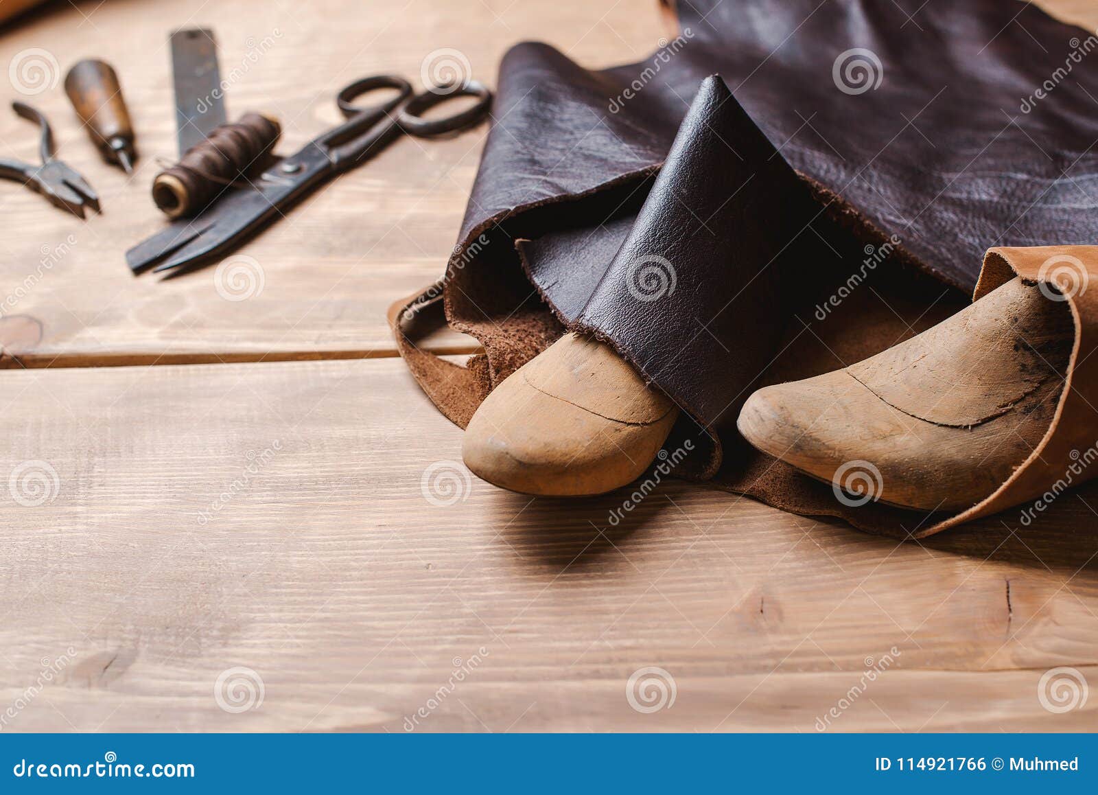Cobbler Tools in Workshop on the Wooden Table . Space for Text. Stock ...