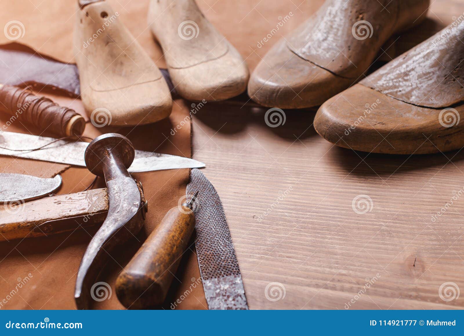 Cobbler Tools in Workshop on the Wooden Table . Space for Text. Stock ...