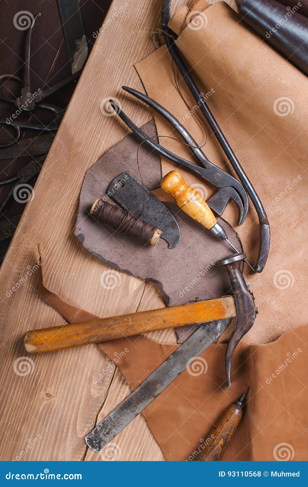 Cobbler Tools in Workshop on the Wooden Table . Top View. Stock Photo ...