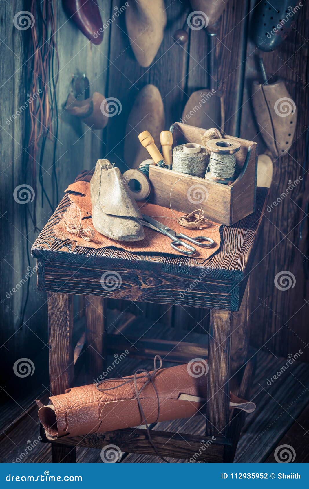 Cobbler Workplace with Tools, Shoes and Threads Stock Photo - Image of ...