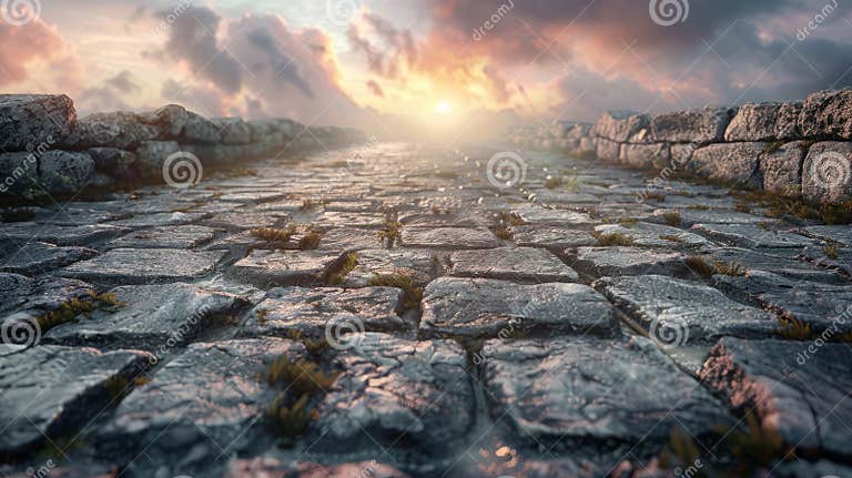 Cobblestone Path Illuminated by Sunset with Dramatic Clouds in the ...
