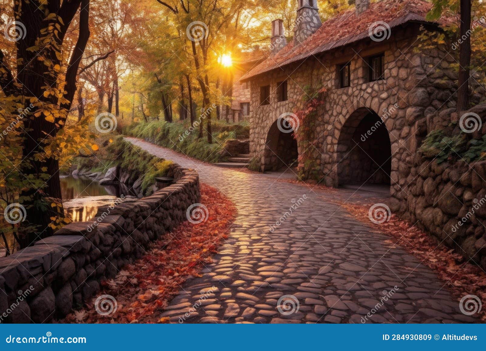 Cobblestone Path Leading To Arched Stone Bridge Stock Illustration ...
