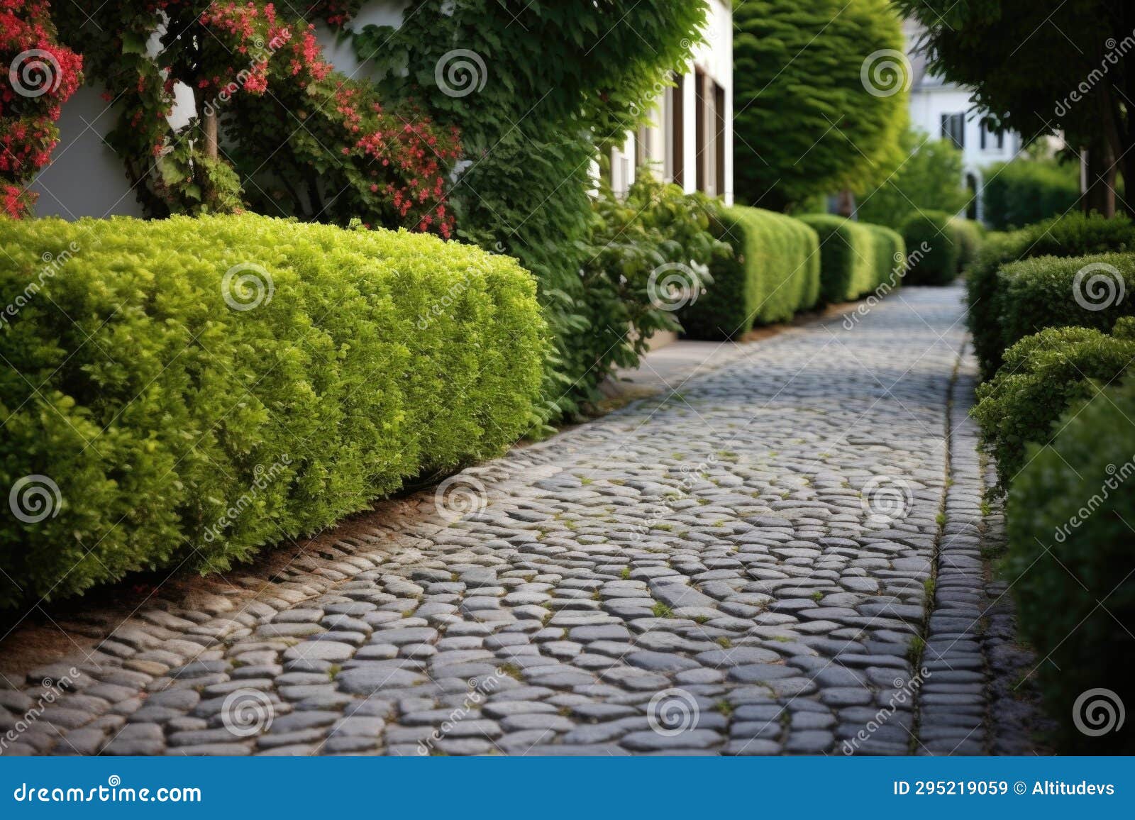A Cobblestone Pathway Flanked by Trimmed Bushes Stock Image - Image of ...