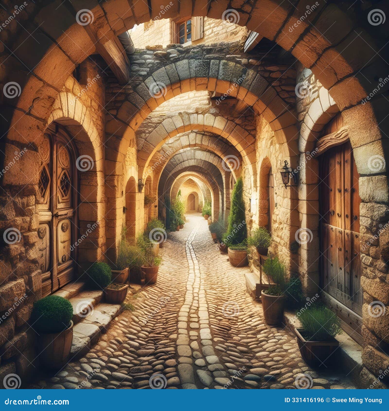 A Cobblestone Pathway Winding through a Series of Medieval Stone Arches ...