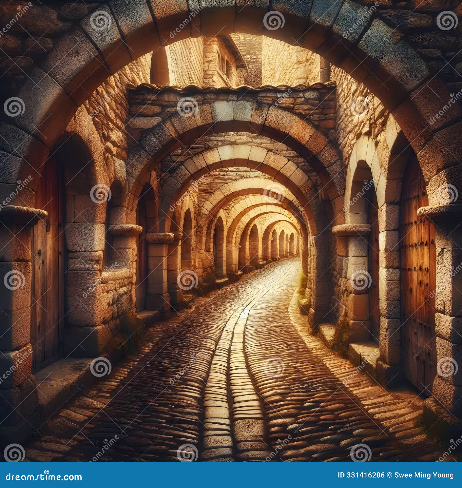 A Cobblestone Pathway Winding through a Series of Medieval Stone Arches ...