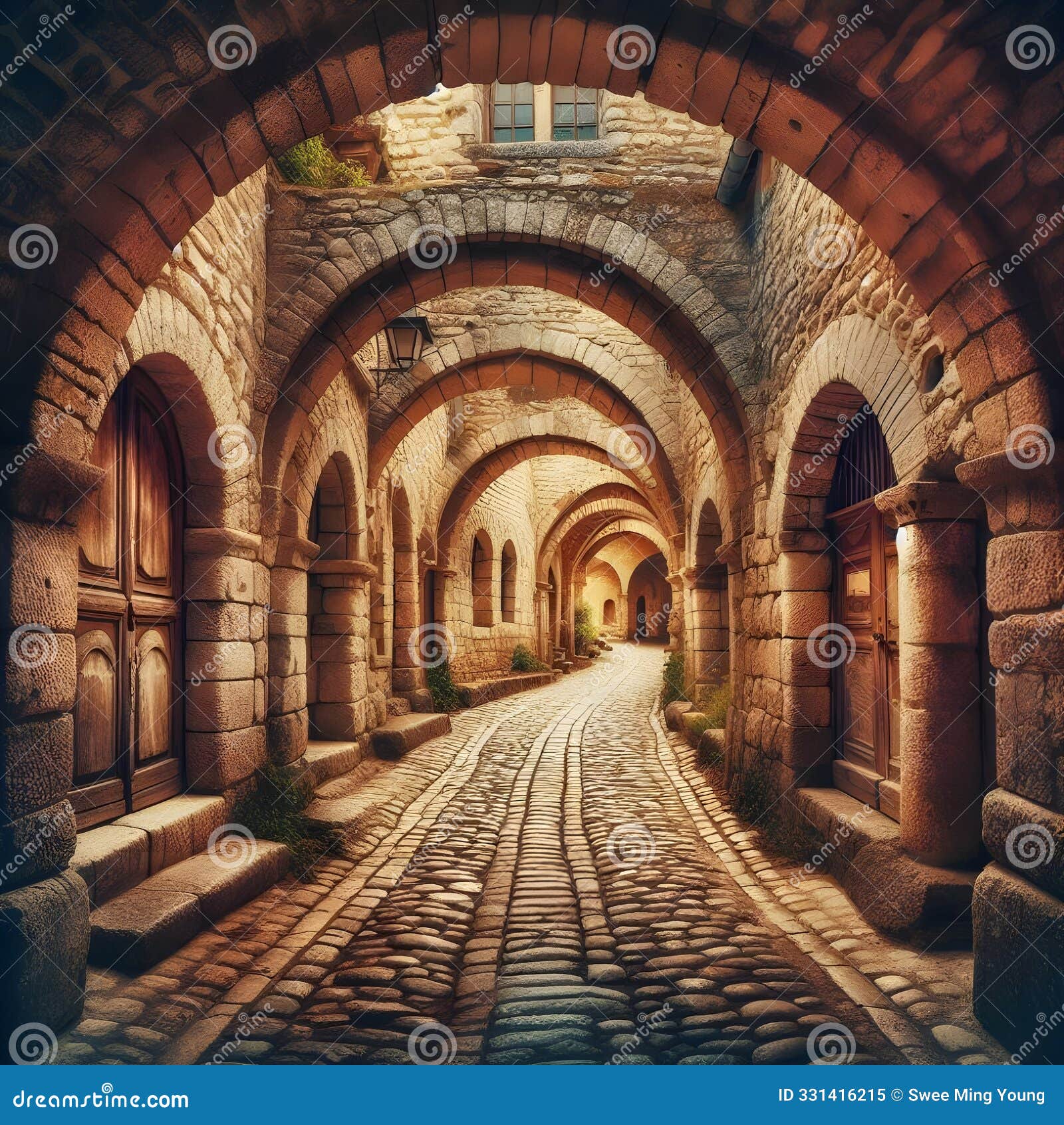 A Cobblestone Pathway Winding through a Series of Medieval Stone Arches. Stock Illustration ...