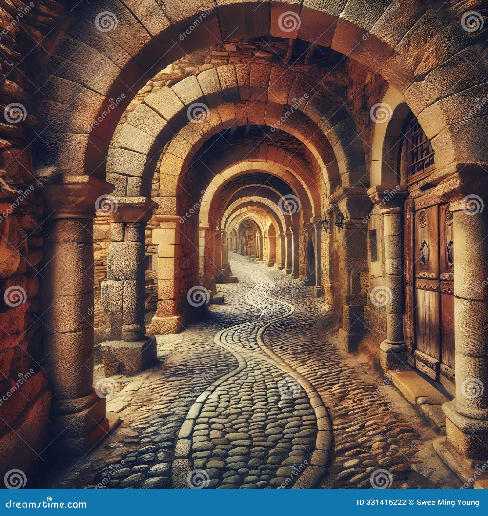 A Cobblestone Pathway Winding through a Series of Medieval Stone Arches ...