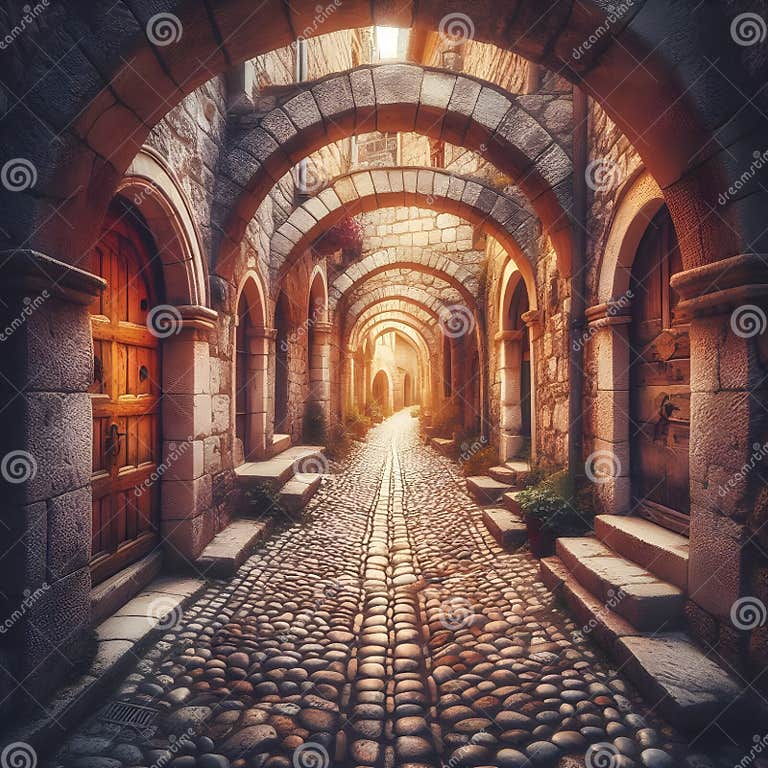 A Cobblestone Pathway Winding through a Series of Medieval Stone Arches ...