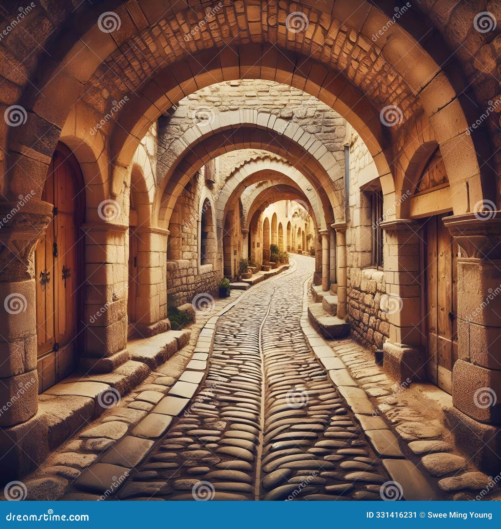 A Cobblestone Pathway Winding through a Series of Medieval Stone Arches ...