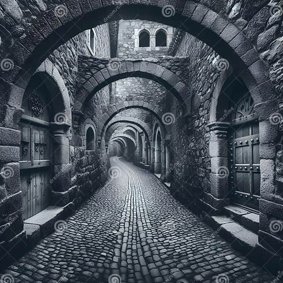 A Cobblestone Pathway Winding through a Series of Medieval Stone Arches ...