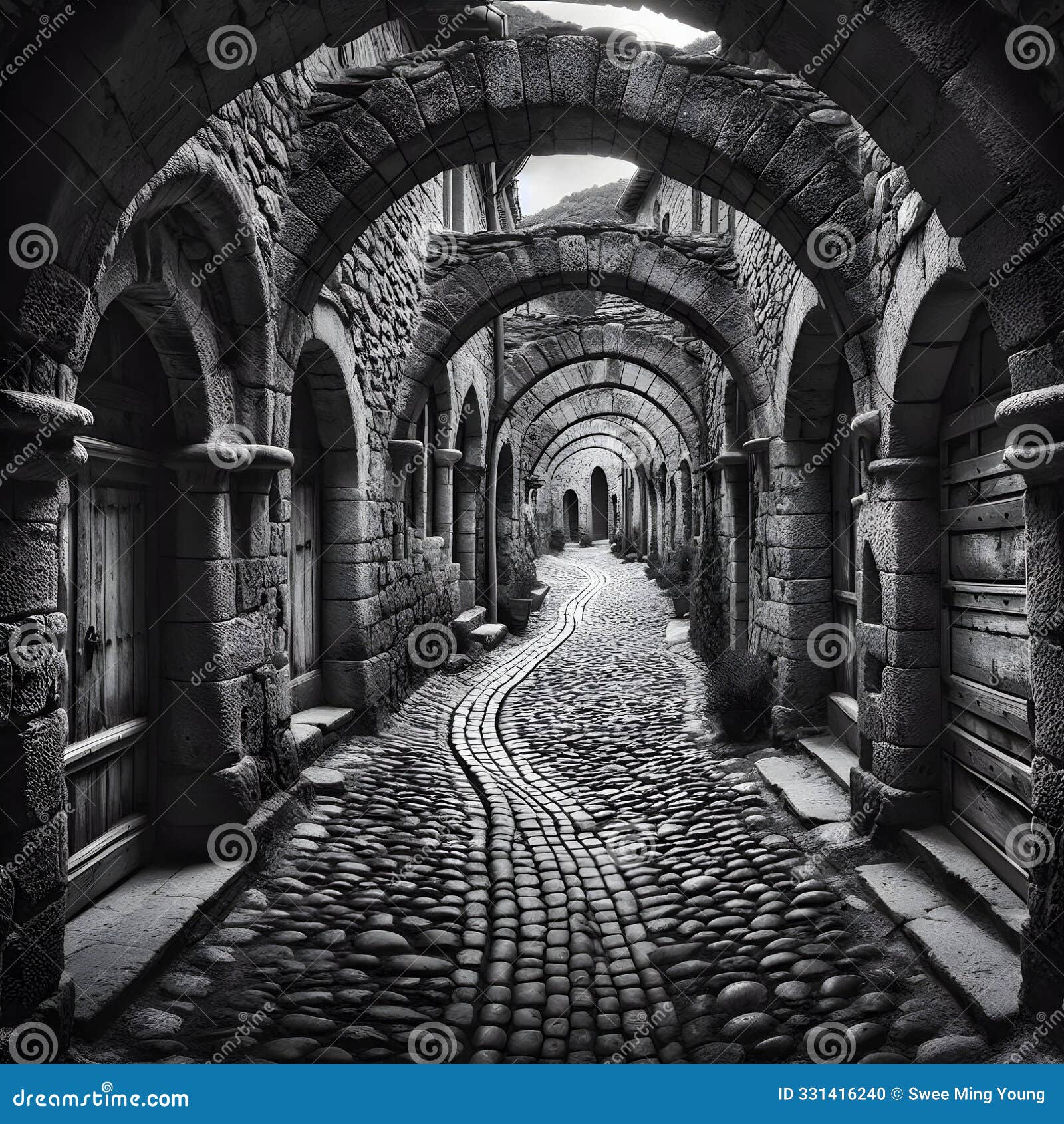 A Cobblestone Pathway Winding through a Series of Medieval Stone Arches ...