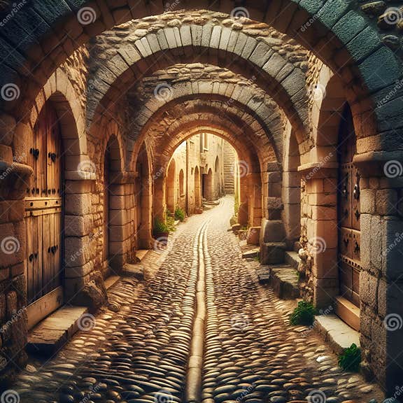 A Cobblestone Pathway Winding through a Series of Medieval Stone Arches ...