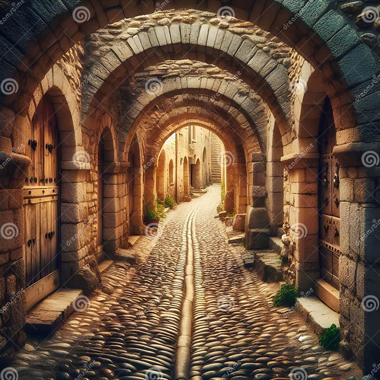 A Cobblestone Pathway Winding through a Series of Medieval Stone Arches ...