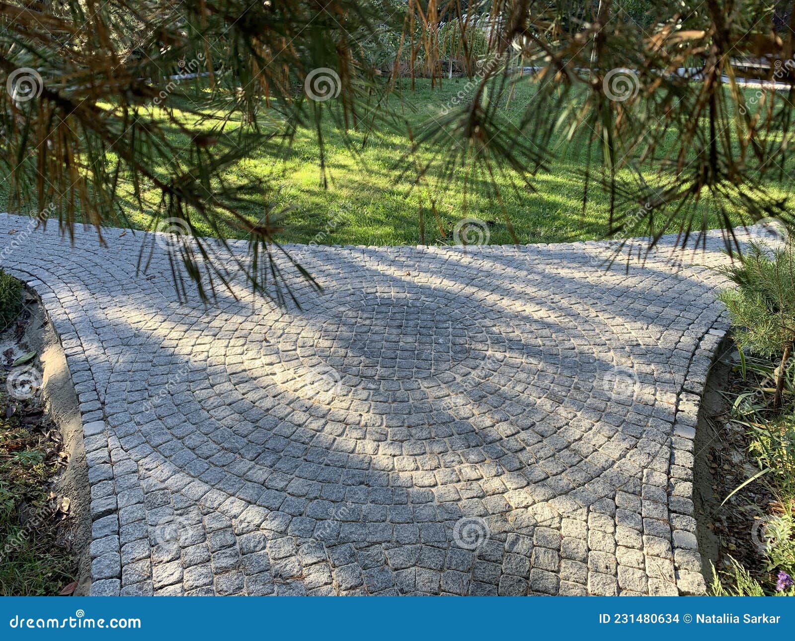 Cobblestone Paving in Perspective with Circular Pattern, Abstract Grey ...