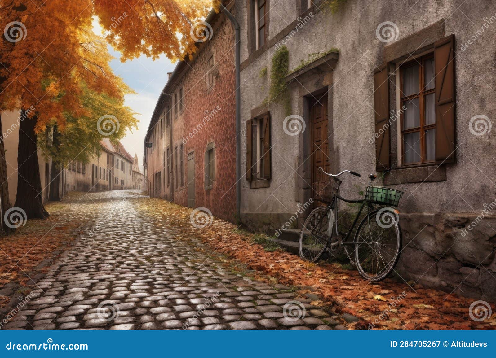 Cobblestone Street with Bicycle Parked by a Wall Stock Illustration ...