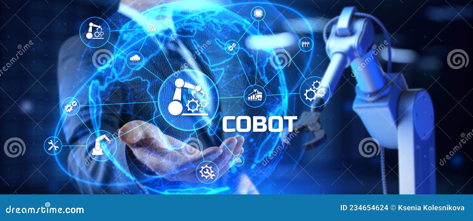 Cobot Collaborative Robot 3D Render Illustrated With A Robot Pressing A ...