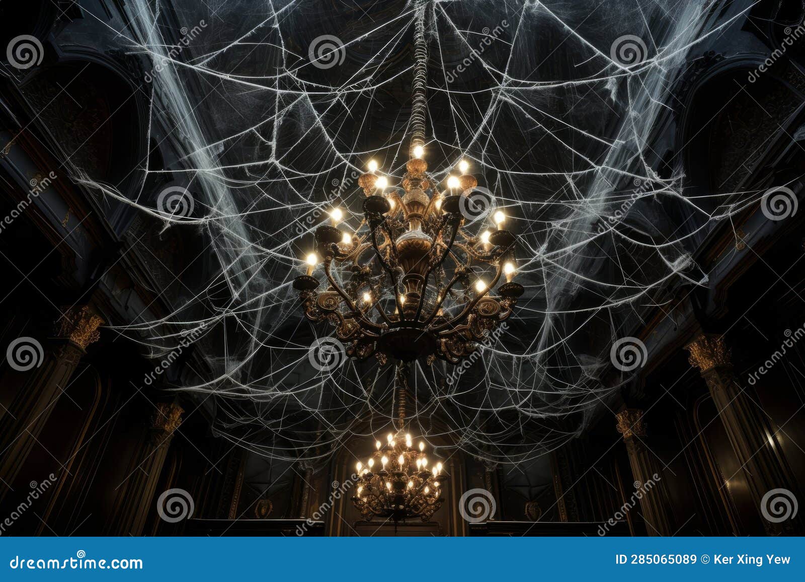 Cobweb-covered Chandelier Hanging from Ceiling Stock Illustration ...