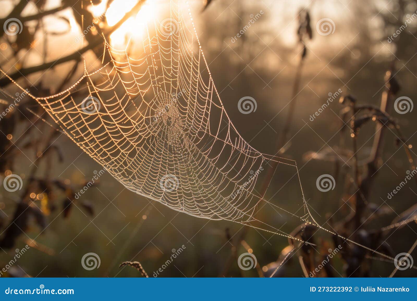 Cobwebs on the Branches of Trees in the Rays of Sunset. AI Generated ...