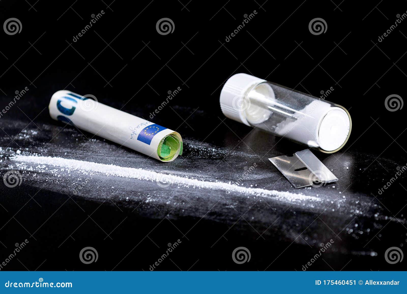 Cocaine Line and Razor Blade on a Black Background Stock Image - Image ...