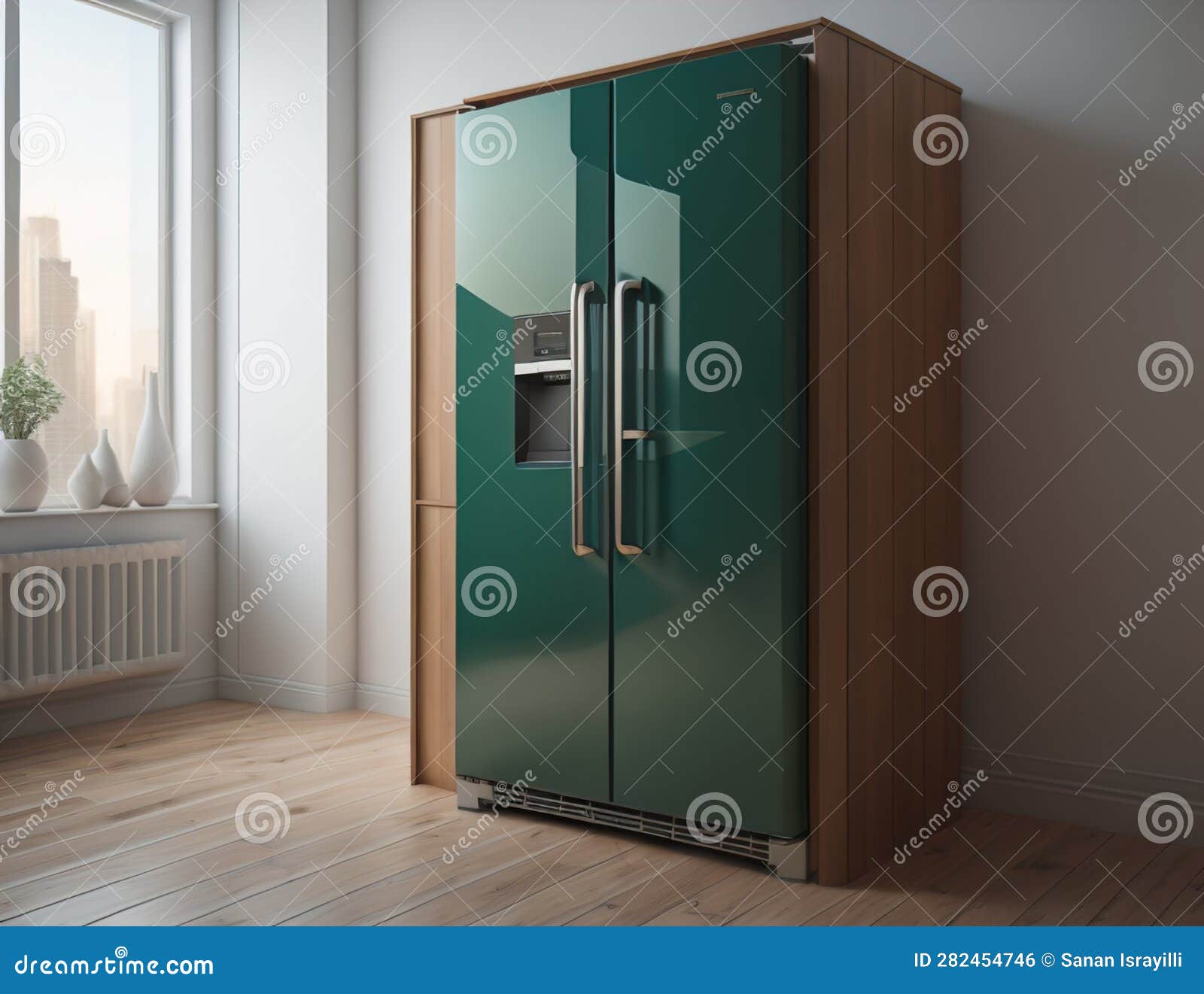 Cocina Moderna Con Nevera Verde. Ai Generativo Stock de ilustración ...