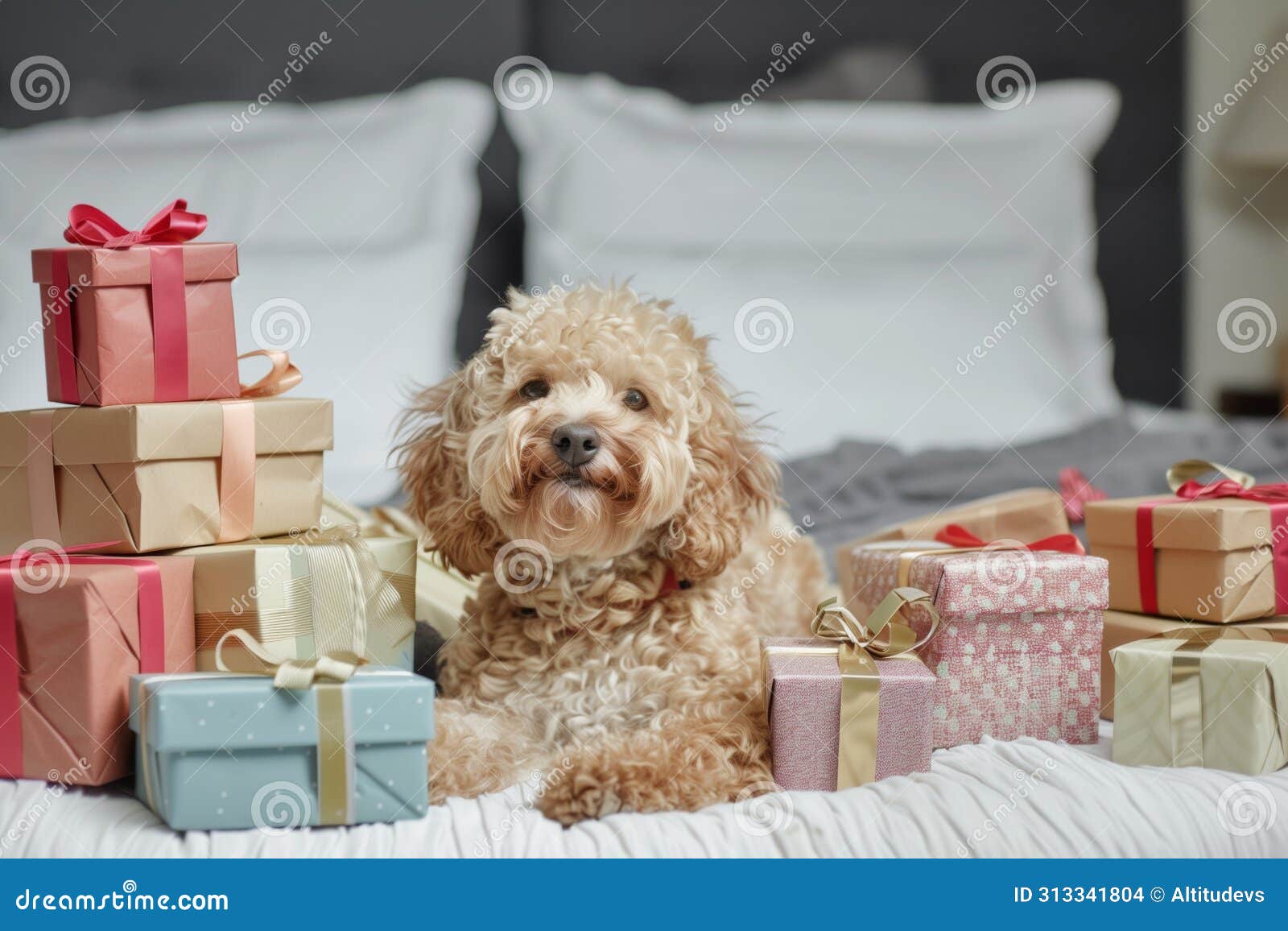 Cockapoo with Gift Boxes Stacked Around Its Bed Stock Illustration ...