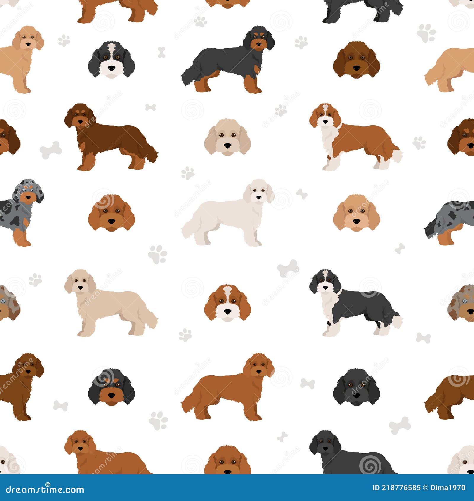 Cockapoo Mix Breed Seamless Pattern. Different Poses, Coat Colors Set.t ...