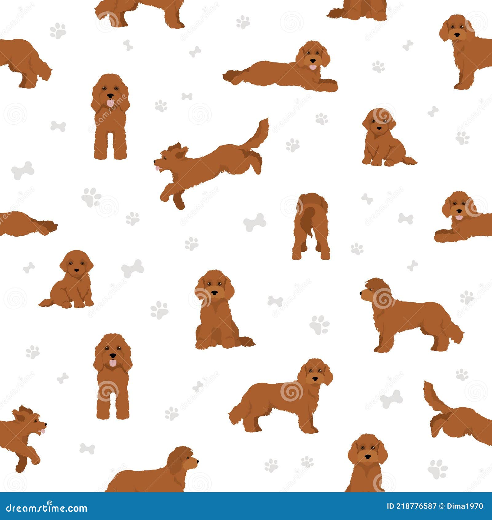 Cockapoo Mix Breed Seamless Pattern. Different Poses, Coat Colors Set.t ...