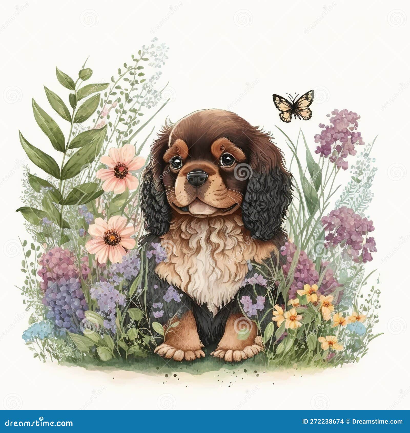 Cocker Spaniel Delight: Playing in a Garden of Spring Flowers AI ...