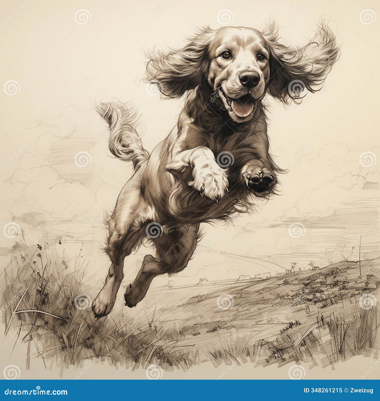 Cocker Spaniel Dog Running in the Field Portrait Sketch, Drawing Stock ...