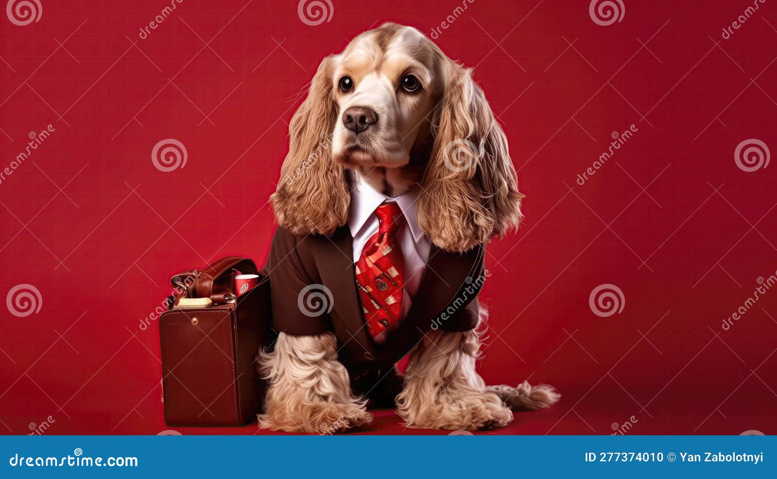 Cocker Spaniel Dog in a Suit and Tie Carrying a Briefcase and a Cup of ...
