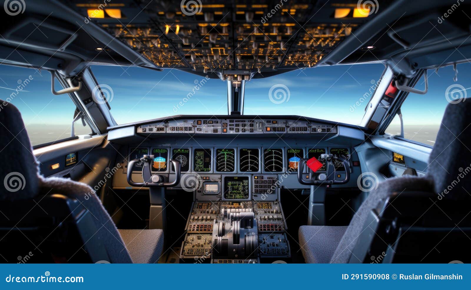 The Cockpit of the Aircraft with Blue Sky Outside Stock Photo - Image ...