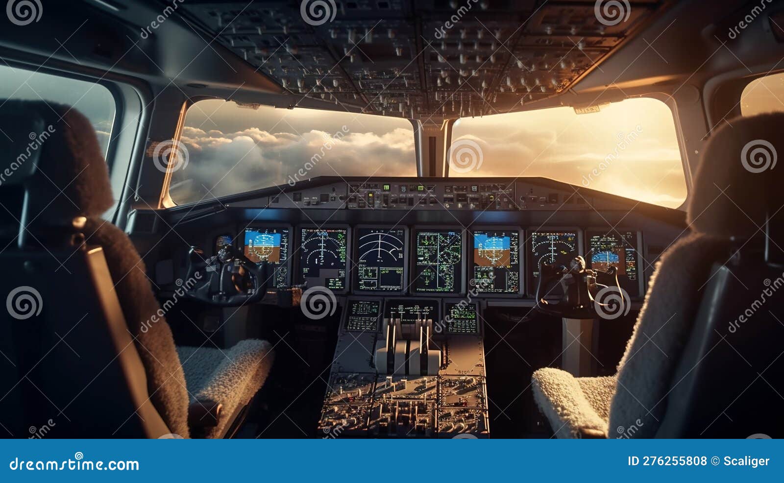 Airplane Inside. Empty Plane Interior With Emergency Exit Door. Vector ...