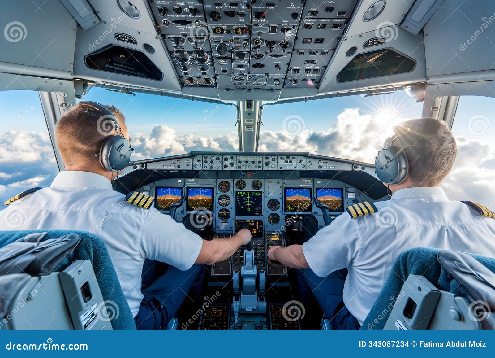 Airplane Cockpit With Pilots, Displaying Flight Instruments And Clouded ...