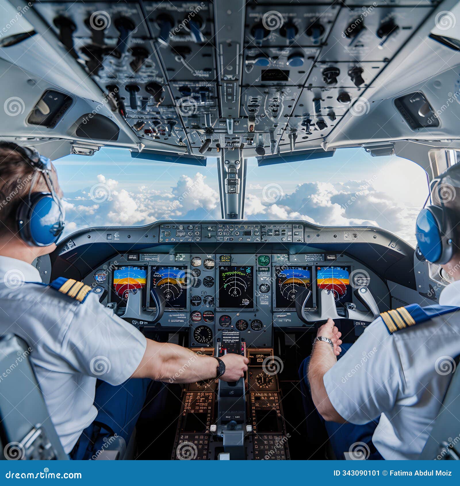Airplane Cockpit With Pilots, Displaying Flight Instruments And Clouded ...