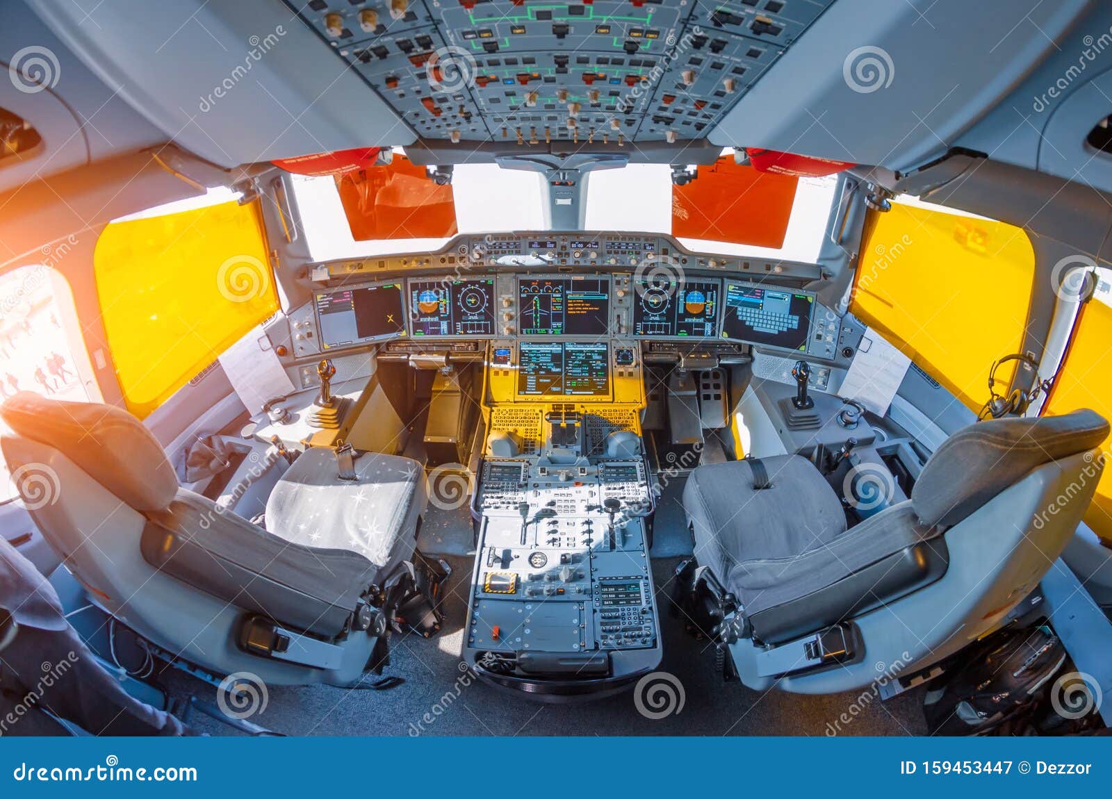 Cockpit in the Airplane, Wide View of the Control Panel and Pilot Seats ...