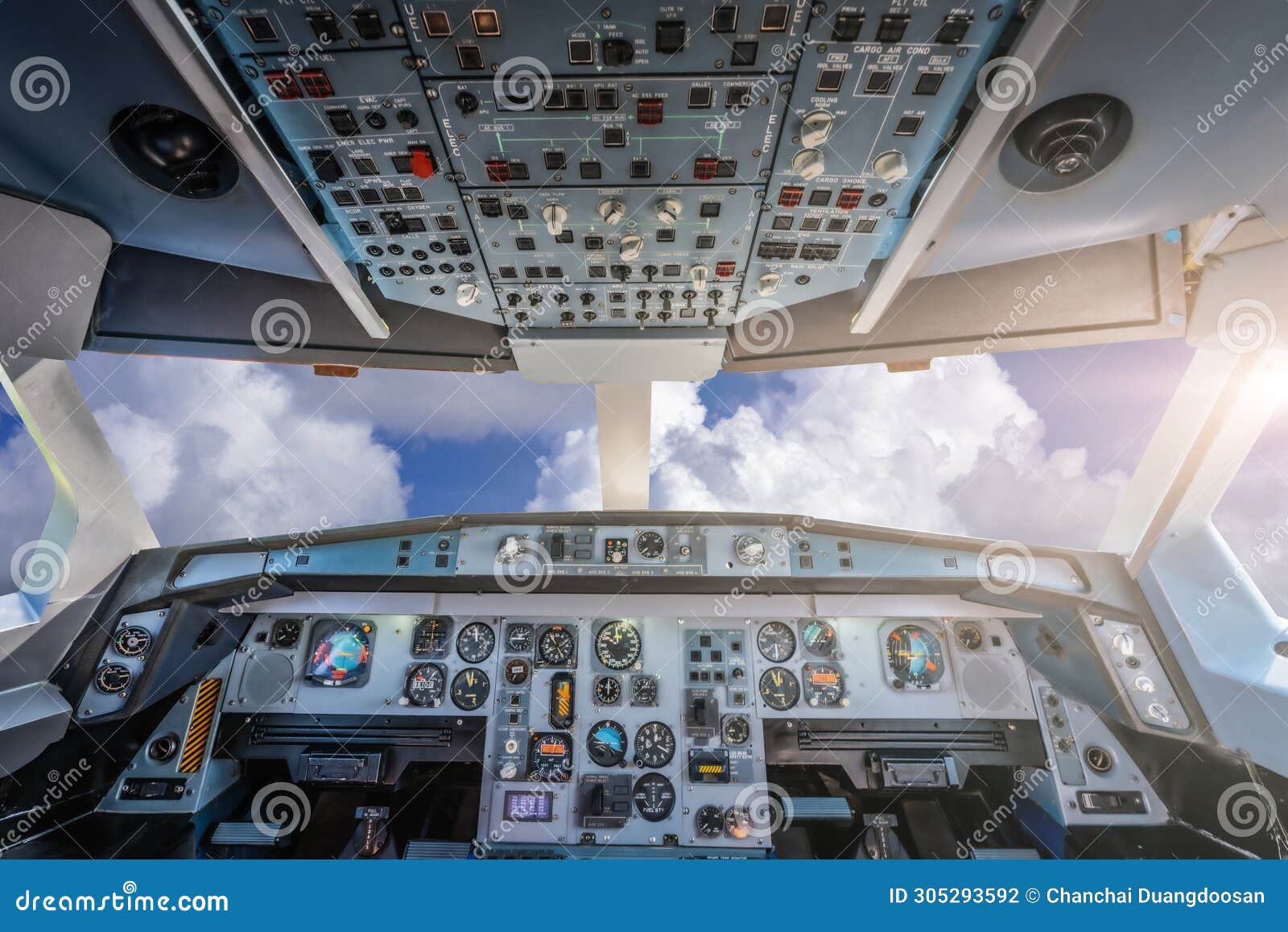 Cockpit with Control Panel Against Cloudy Sky Stock Photo - Image of ...