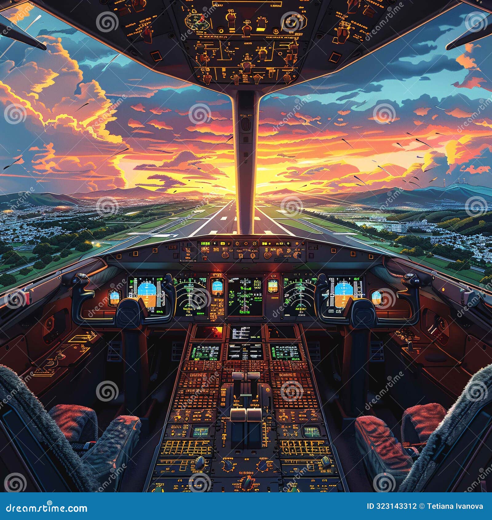 Cockpit Controls During Airplane Takeoff. Stock Illustration ...