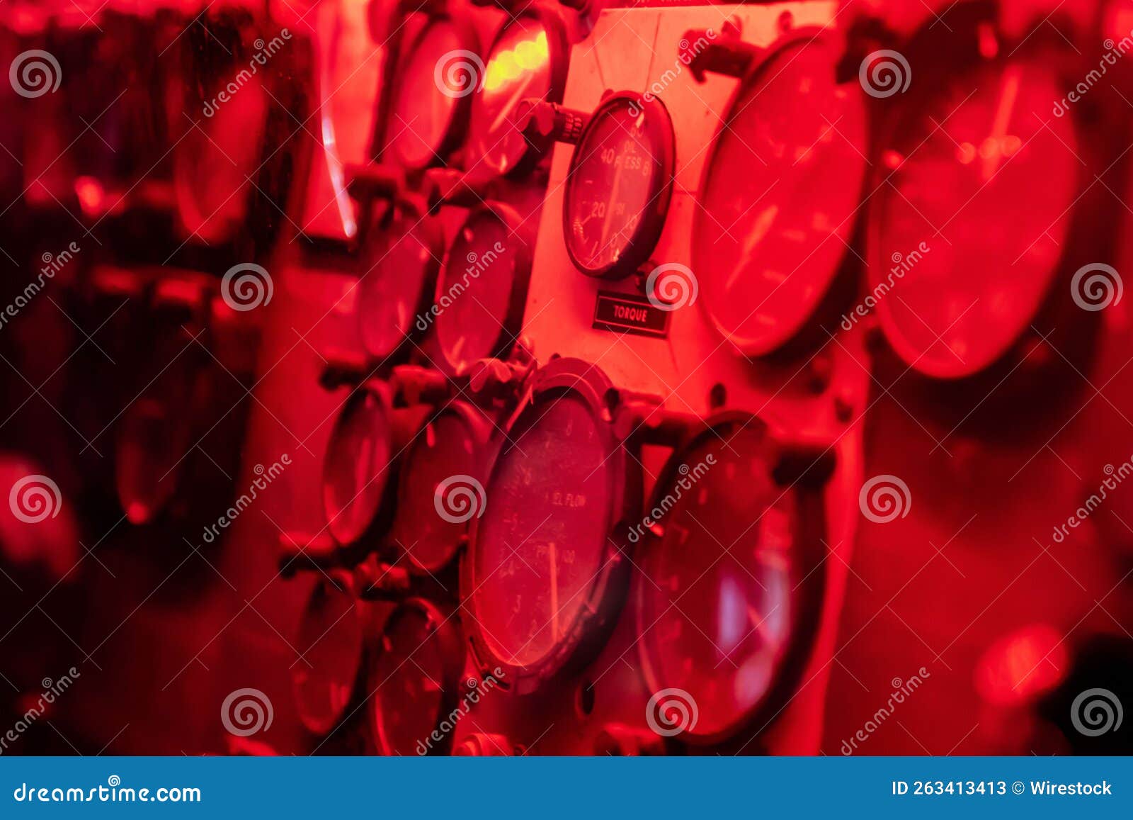 Cockpit Instrument Panel Inside Vietnam Era Helicopter with Red Light ...