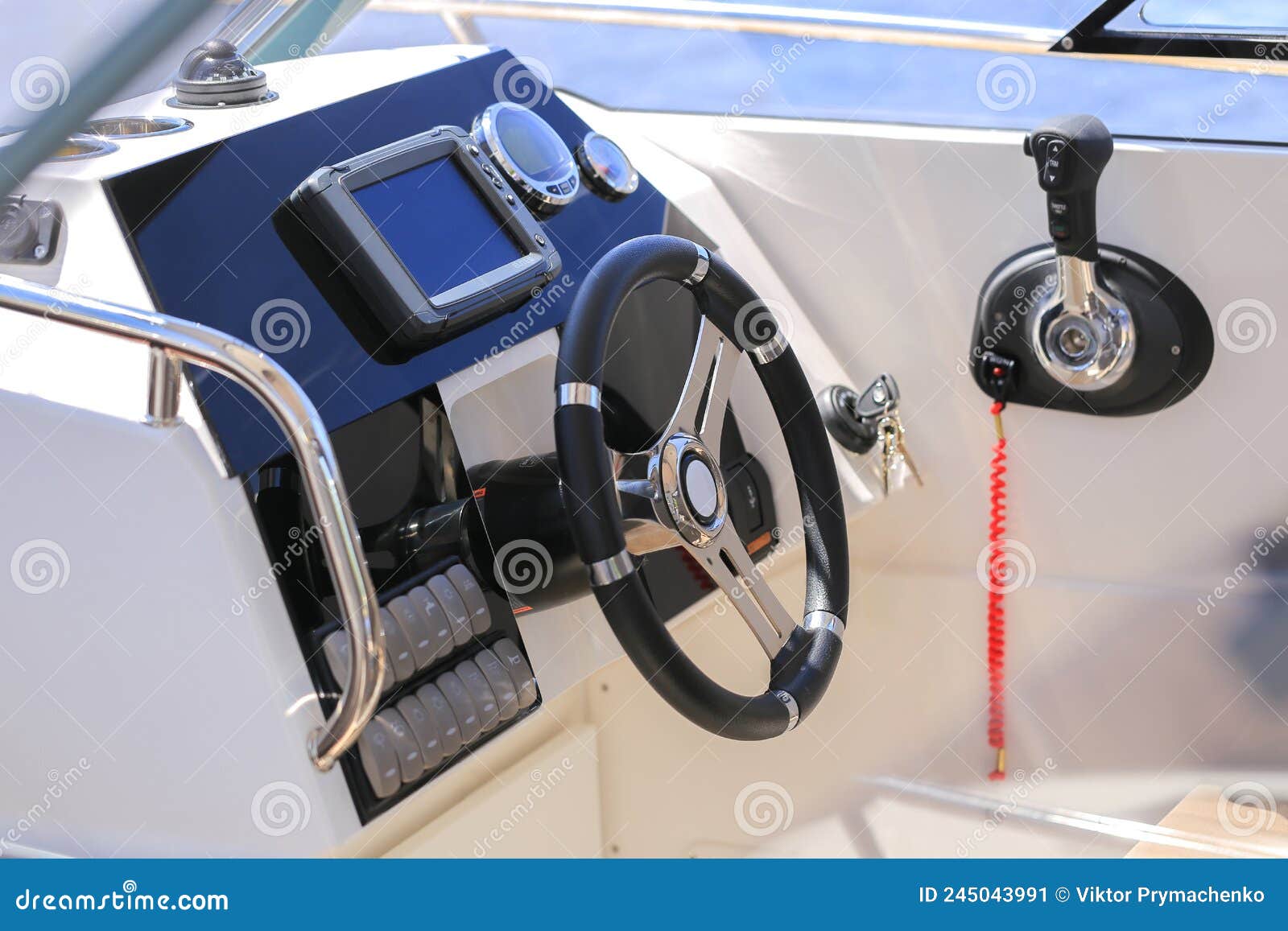 Cockpit Motor Boat with Steering Wheel and Throttle Control Stock Image ...