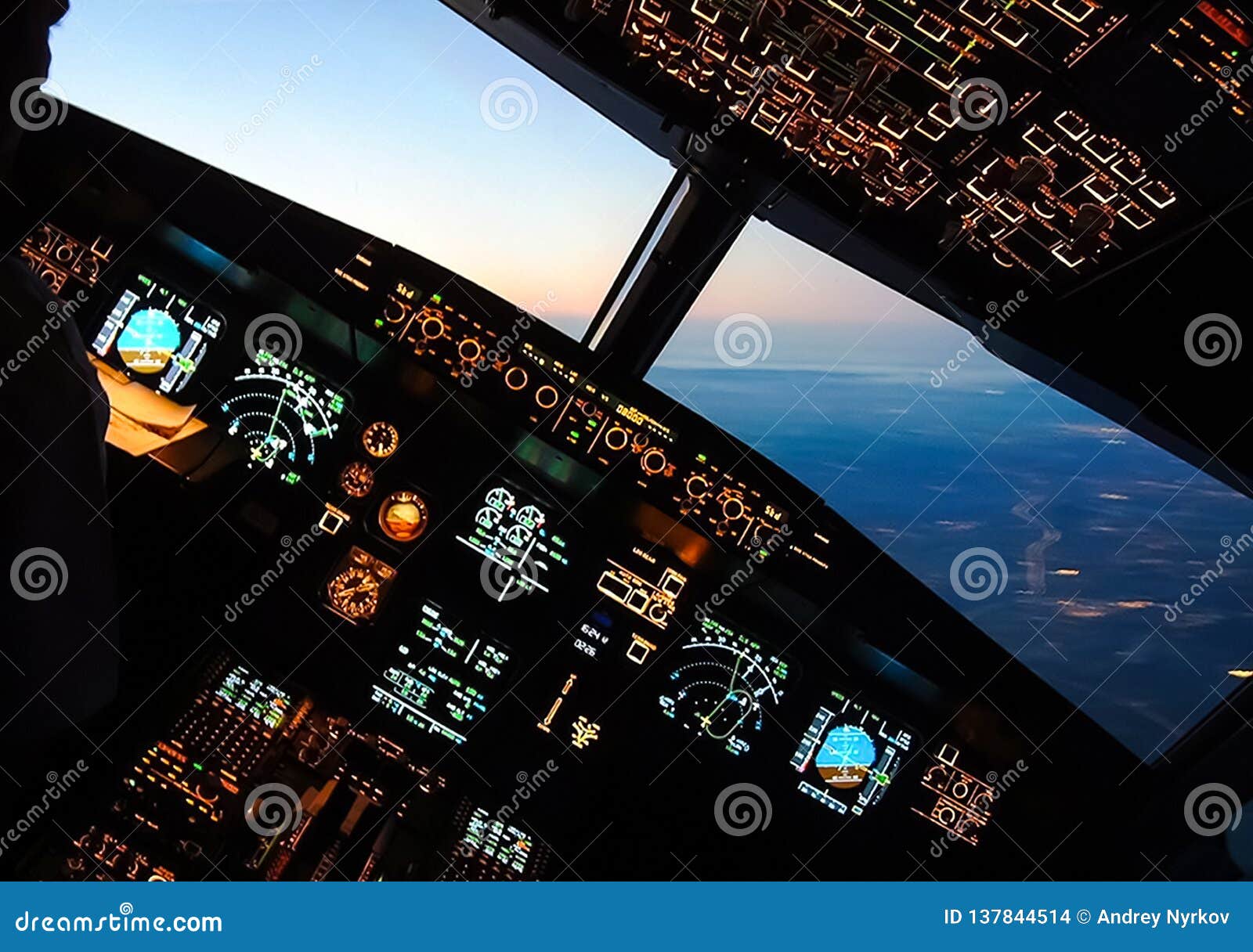 Cockpit of a Passenger Plane. View from the Cockpit during Stock Photo ...