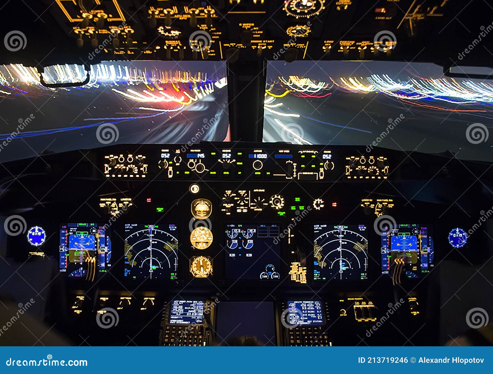 Cockpit of a Passenger Plane. View from the Cockpit during Stock Photo ...