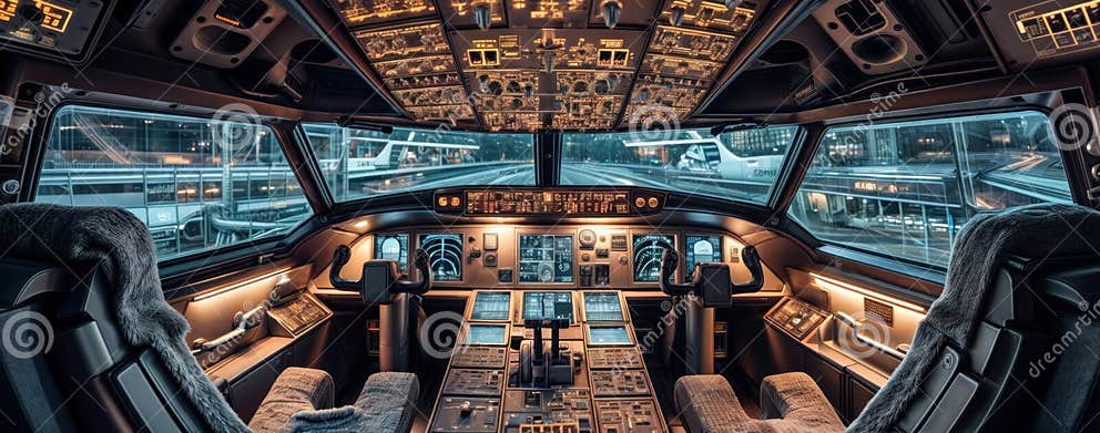 Cockpit Pilot Flight Deck Display. Throttle Jet Cabin with Control ...