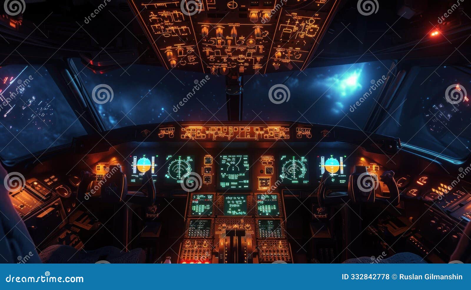 Cockpit Pilot Flight Deck Display. Throttle Jet Cabin with Control ...