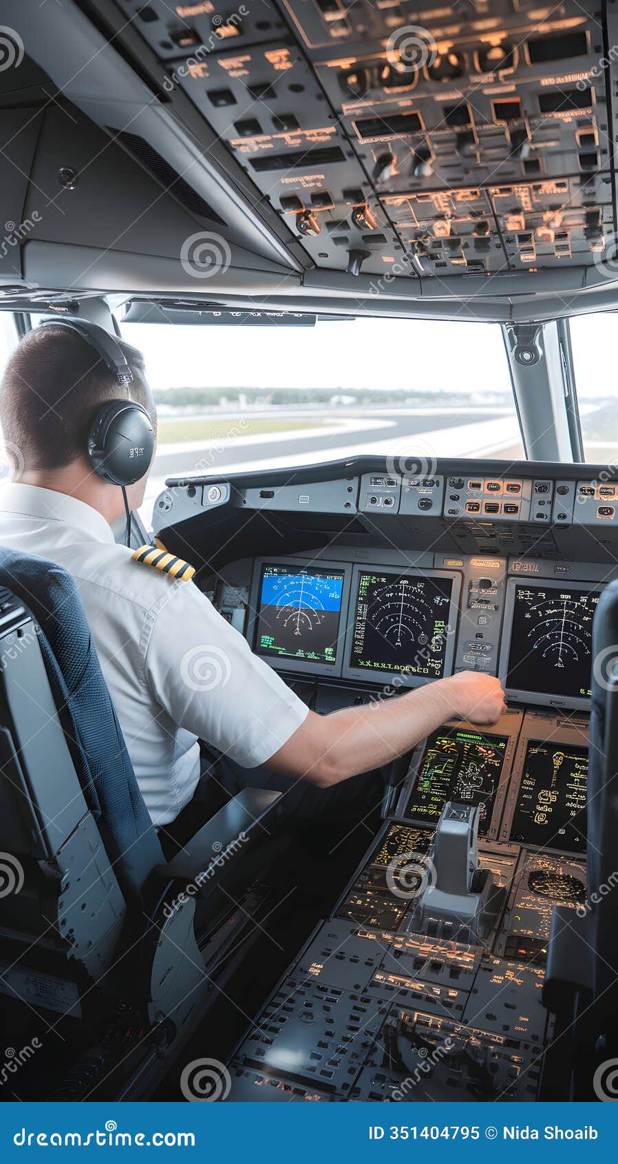 Cockpit with Pilot Surrounded by Screens and Dials, Runway Visible ...