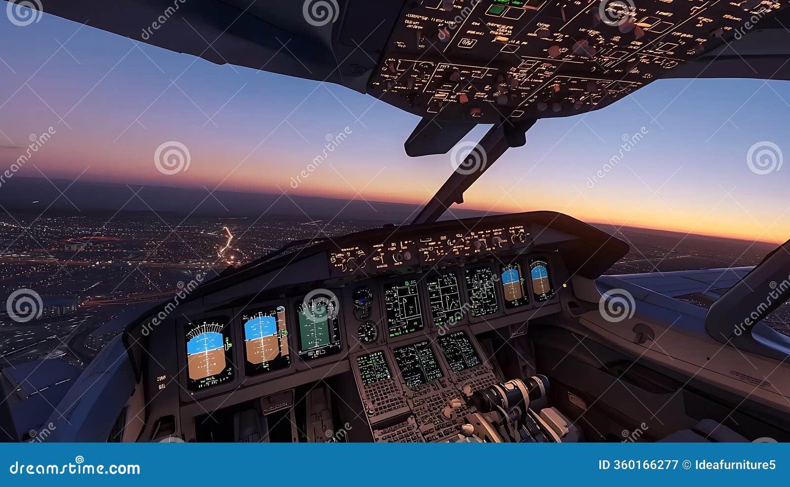 The Cockpit of a Plane is Lit Up with the Sun Setting in the Background ...