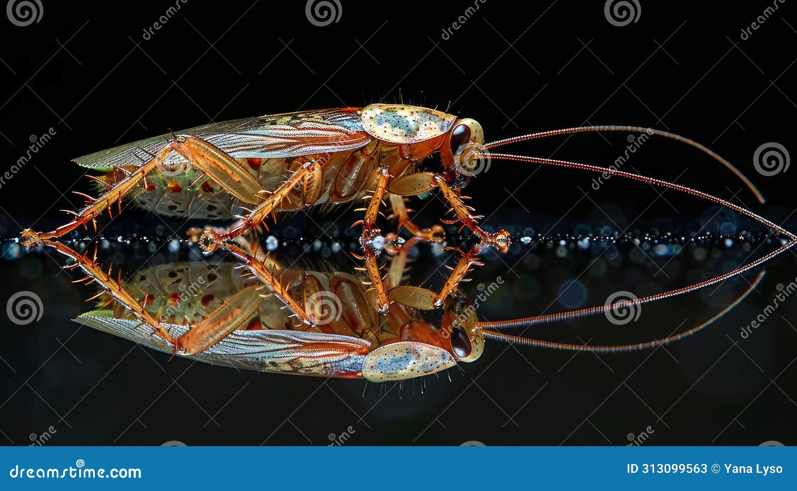Cockroach Casting a Reflection among Water Droplets. Insect and Its ...