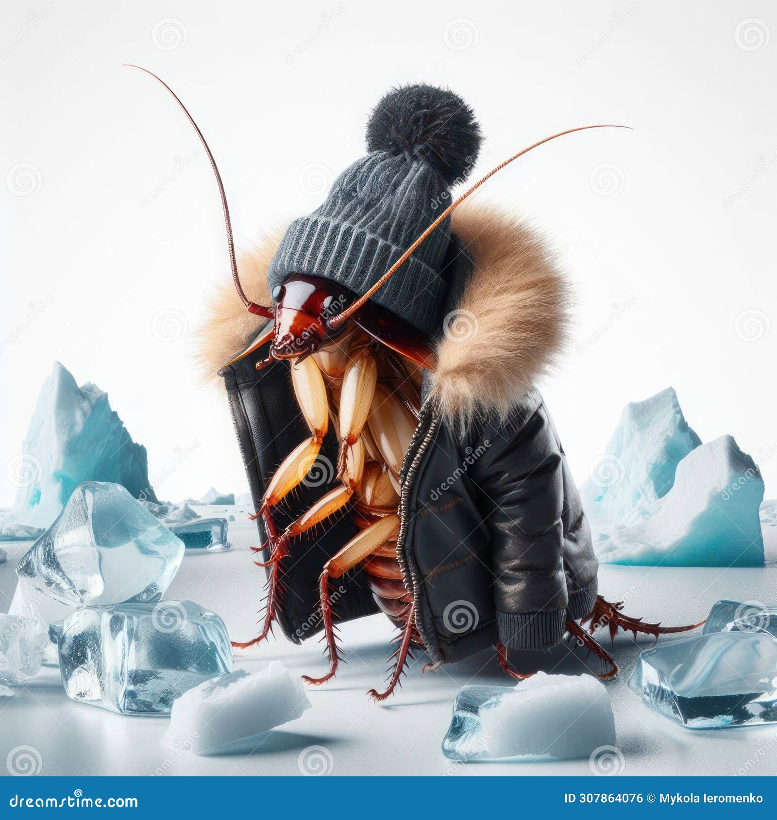 Cockroach Dressed in Jacket and Hat in the Cold among the Ice. Stock ...