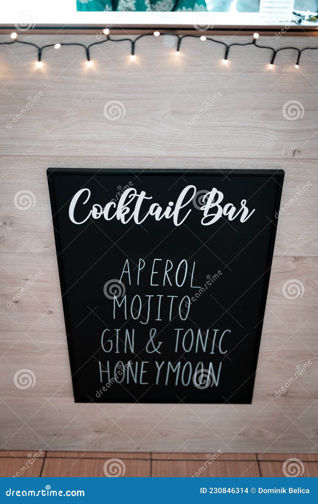 Cocktail Bar Board with Lights, Wediing Day Stock Photo - Image of club ...