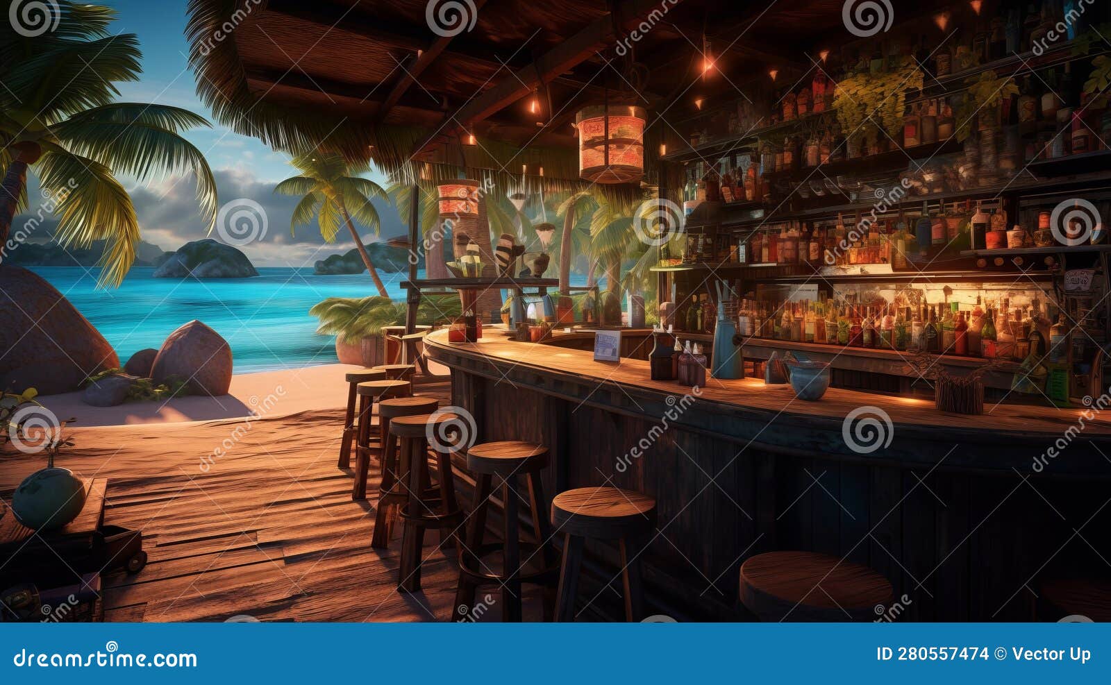 Cocktail Bar at a Tropical Beach. Generative AI. Stock Illustration ...