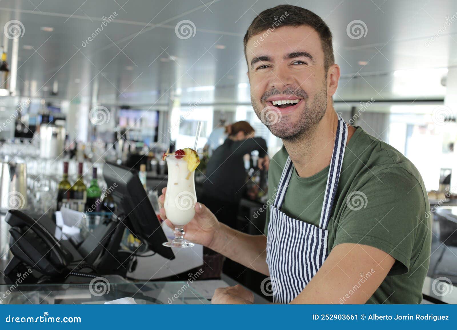Cocktail Bar Worker Serving a Pina Colada Stock Image - Image of people ...